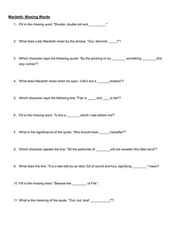 Macbeth Missing Words | Teaching Resources