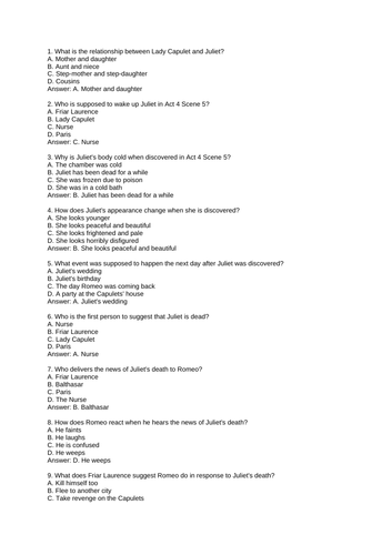 Romeo & Juliet, MCQs for Act 4, Scene 5 | Teaching Resources