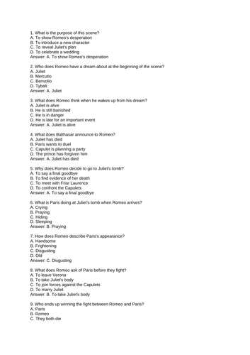 Romeo & Juliet, MCQs for Act 5, Scene 1 | Teaching Resources