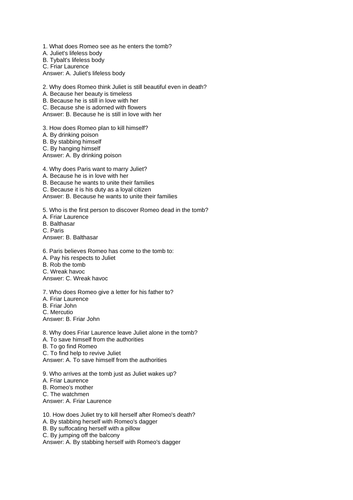 Romeo & Juliet, MCQs for Act 5, Scene 2 | Teaching Resources