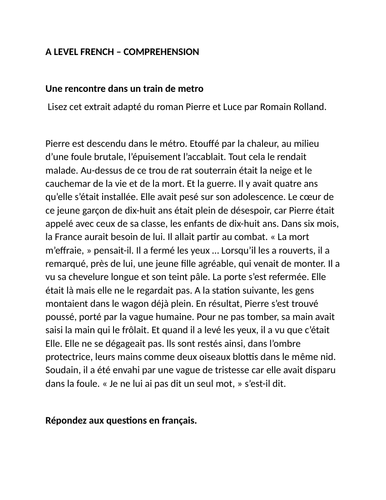 French A Level Comprehension Worksheet with answer key | Teaching Resources