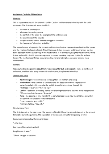 Analysis of Catrin by Gillian Clarke | Teaching Resources