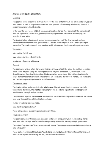 Analysis of My Box by Gillian Clarke | Teaching Resources