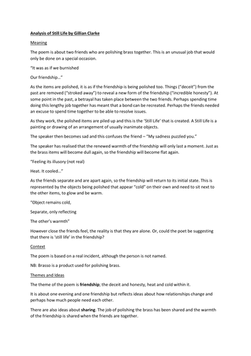 Analysis of Still Life by Gillian Clarke | Teaching Resources