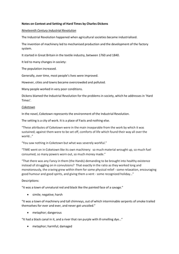Notes on Context and Setting of Hard Times by Charles Dickens ...