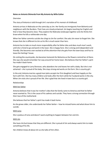 Notes on Antonia Shimerda from My Antonia by Willa Cather | Teaching ...