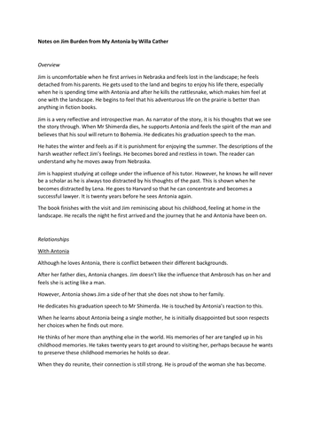 Notes on Jim Burden from My Antonia by Willa Cather | Teaching Resources
