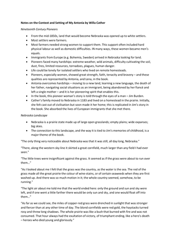Notes on the Context and Setting of My Antonia by Willa Cather ...