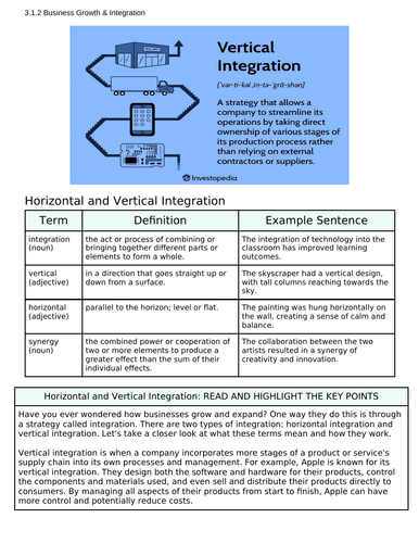 Inorganic growth; vertical & horizontal integration - Homework, Starter ...