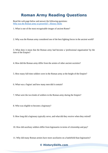 Roman Army Reading Questions Worksheet | Teaching Resources