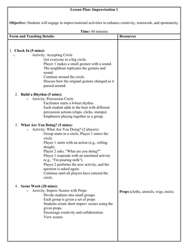 Improvisation Lessson 1 | Teaching Resources