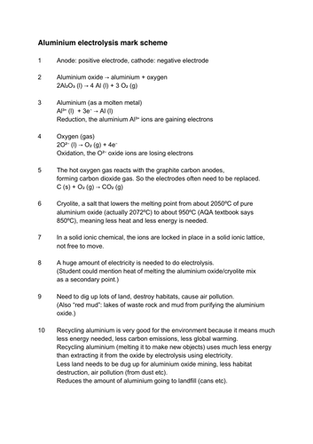 AQA aluminium electrolysis worksheet, AQA GCSE 9-1 chemistry | Teaching ...
