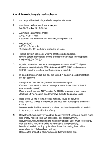AQA aluminium electrolysis worksheet, AQA GCSE 9-1 chemistry | Teaching ...