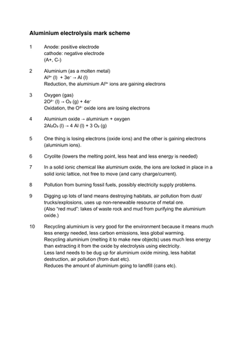 Edexcel aluminium electrolysis worksheet, Edexcel GCSE 9-1 chemistry ...