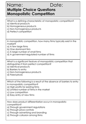 A Level Economics - Question Worksheets - Theme 3.4 - Monopolistic ...