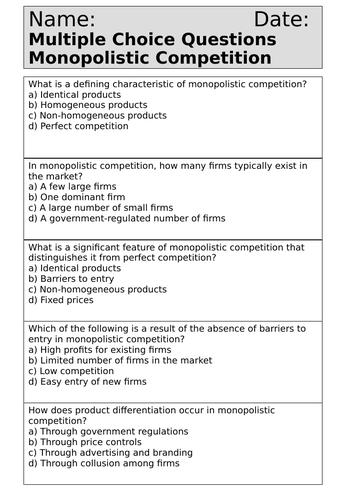 A Level Economics - Question Worksheets - Theme 3.4 - Monopolistic ...