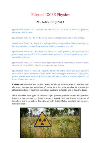 Edexcel IGCSE Physics Worksheets Chapter 7 - Radioactivity | Teaching Resources