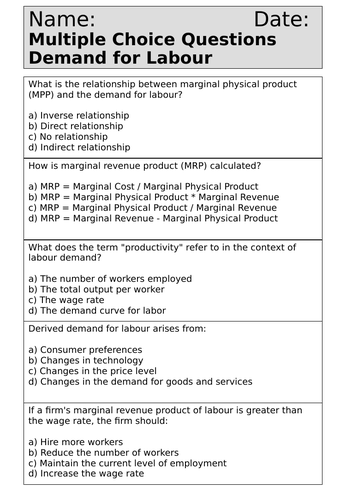 A Level Economics - Question Worksheets - Theme 3.5 - Demand for Labour ...