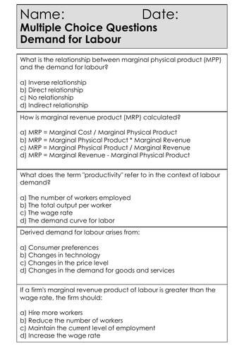 A Level Economics - Question Worksheets - Theme 3.5 - Demand for Labour ...