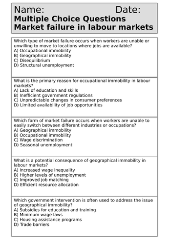 A Level Economics - Question Worksheets - Theme 3.5 -Market Failure in ...