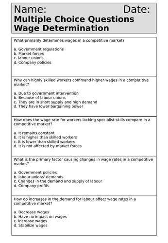 A Level Economics - Question Worksheets - Theme 3.5 - Wage ...