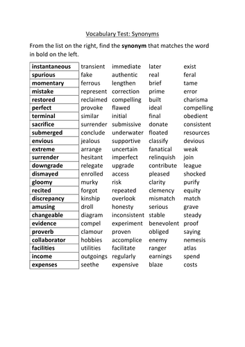 Vocabulary Test SYNONYMS 2 | Teaching Resources