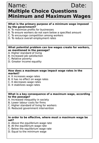 A Level Economics - Question Worksheets - Theme 3.6 - Minimum and ...