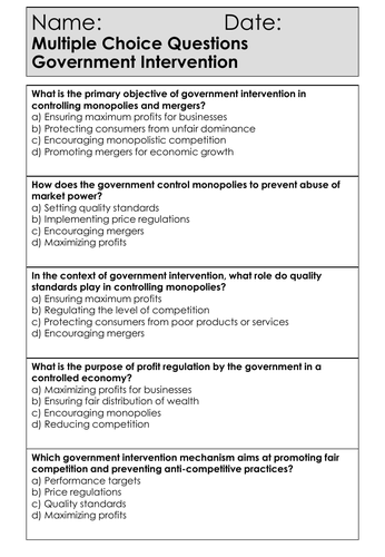A Level Economics - Worksheets - Theme 3.6 - Government Intervention ...