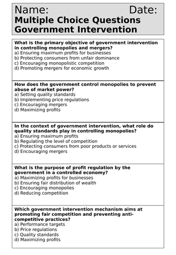 A Level Economics - Worksheets - Theme 3.6 - Government Intervention ...