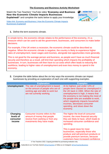 The Economy and Business | Activity Worksheet and Video | Teaching ...