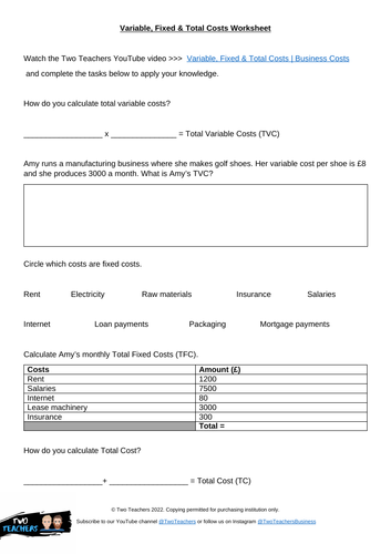 Variable, Fixed and Total Costs | Activity Worksheet and Video ...