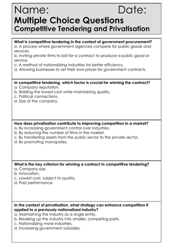 A Level Economics - Worksheets - Theme 3.6 - Competitive Tendering and ...