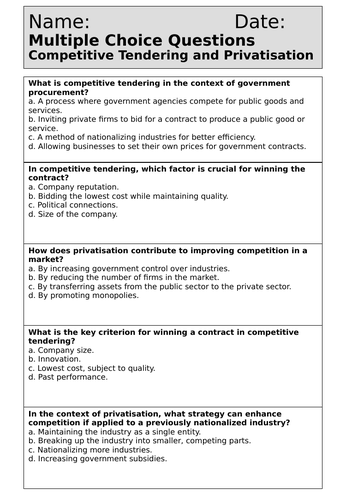 A Level Economics - Worksheets - Theme 3.6 - Competitive Tendering and ...