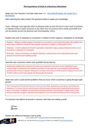 The Importance of Cash to a Business | Activity Worksheet and Video ...