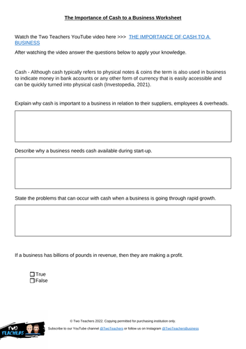The Importance of Cash to a Business | Activity Worksheet and Video ...