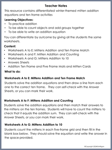 Addition within 10 Worksheets Ten Frame Mittens Winter | Teaching Resources