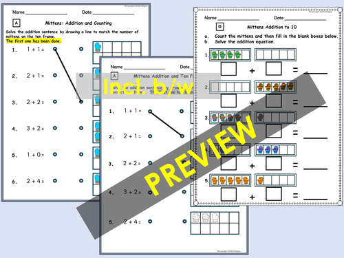 Addition within 10 Worksheets Ten Frame Mittens Winter | Teaching Resources