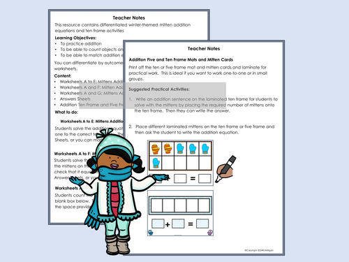 Addition within 10 Worksheets Ten Frame Mittens Winter | Teaching Resources
