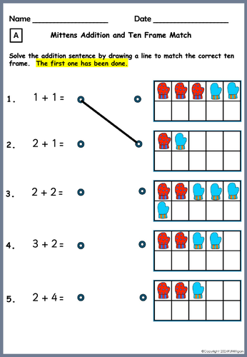 Addition within 10 Worksheets Ten Frame Mittens Winter | Teaching Resources