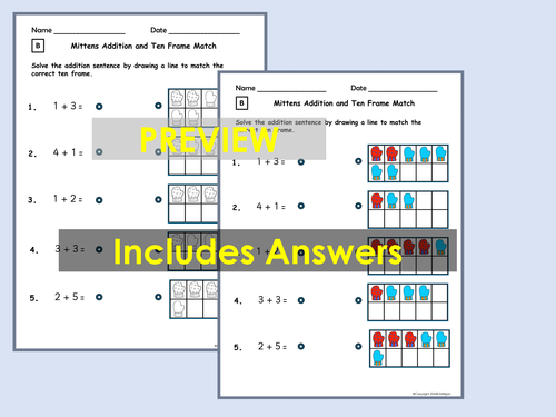 Addition within 10 Worksheets Ten Frame Mittens Winter | Teaching Resources