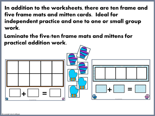 Addition within 10 Worksheets Ten Frame Mittens Winter | Teaching Resources
