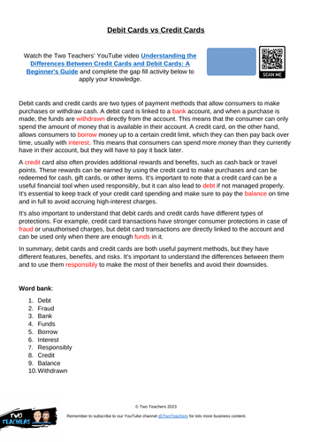 Debit Cards and Credit Cards | Activity Worksheet and Video | Teaching ...