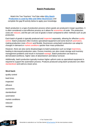 Batch Production | Activity Worksheet and Video | Teaching Resources