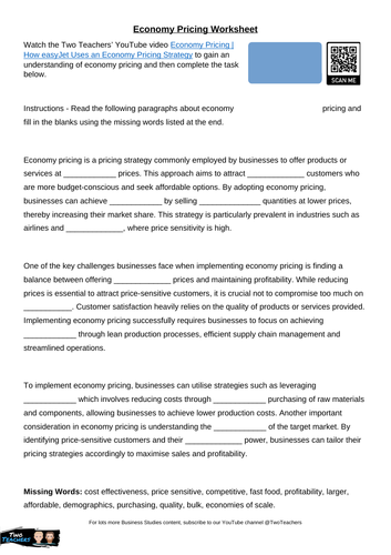 Economy Pricing | Activity Worksheet and Video | Teaching Resources