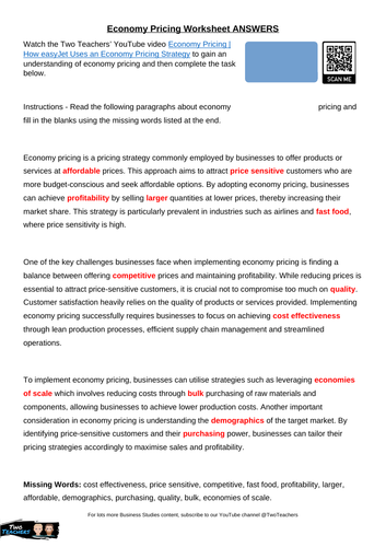 Economy Pricing | Activity Worksheet and Video | Teaching Resources