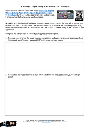 Unique Selling Point (USP) | Activity Worksheet and Video | Teaching ...