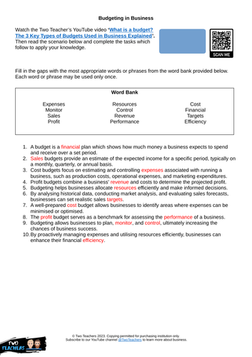 Budgeting in Business | Activity Worksheet and Video | Teaching Resources