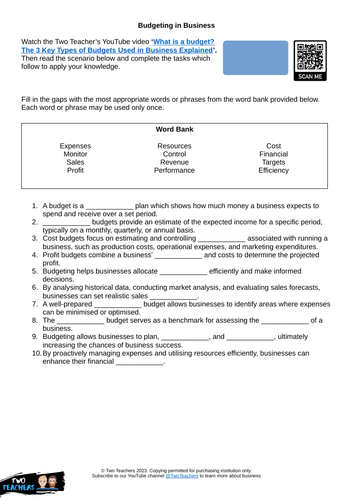 Budgeting in Business | Activity Worksheet and Video | Teaching Resources