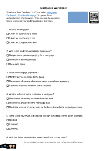Mortgages Explained | Activity Worksheet and Video | Teaching Resources