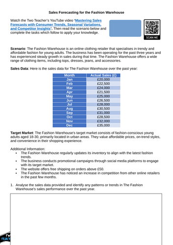 Sales Forecasting | Activity Worksheet and Video | Teaching Resources
